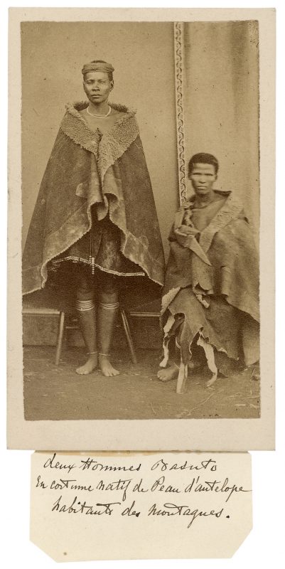 Inscribed: "deux Hommes Basuto / En costume natif de Peau d' antelope ...